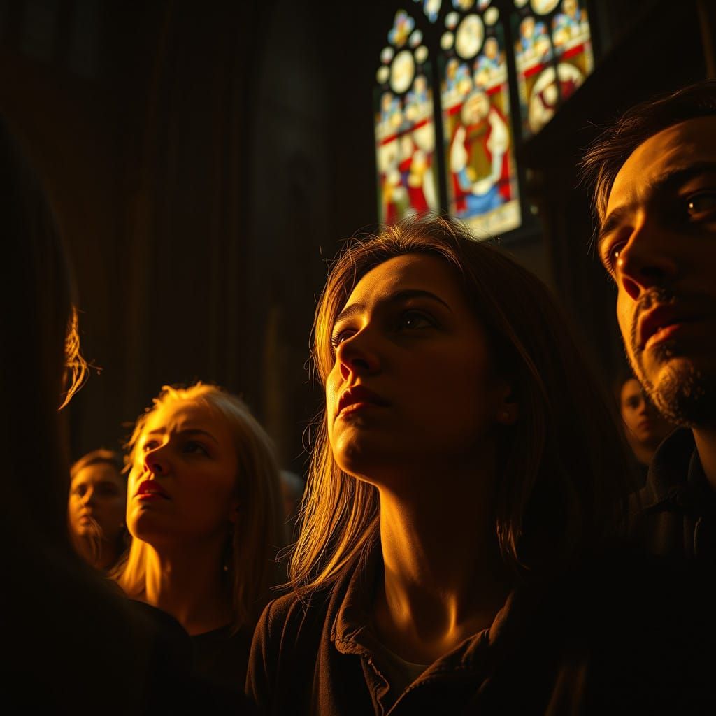 Close-Up: ((Devout worshipers)) in the semi-darkness of a Gothic church
