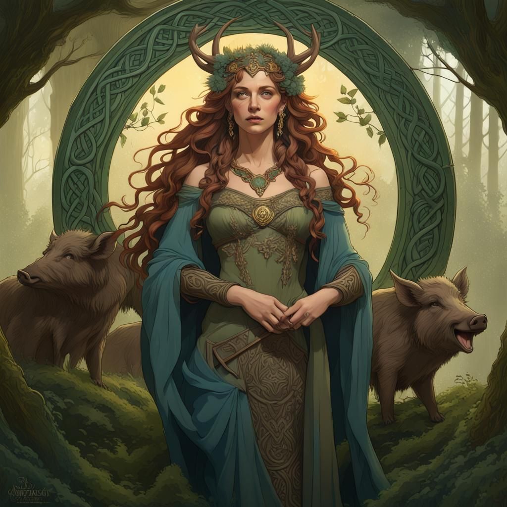 Arduinna, Celtic goddess of the Ardennes forest in the style of Mucha - AI Generated Artwork ...