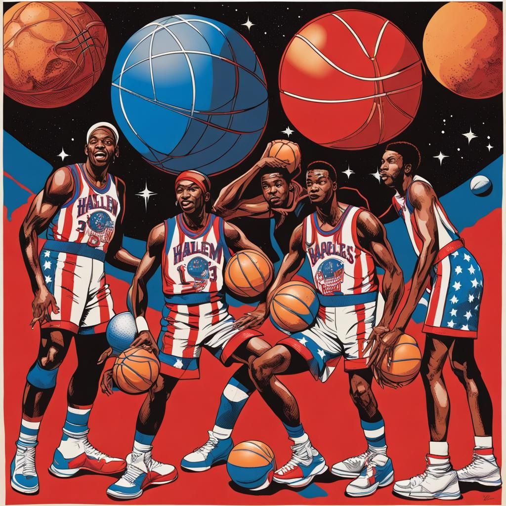 five color screen print of Harlem globetrotters in space, planets as ...
