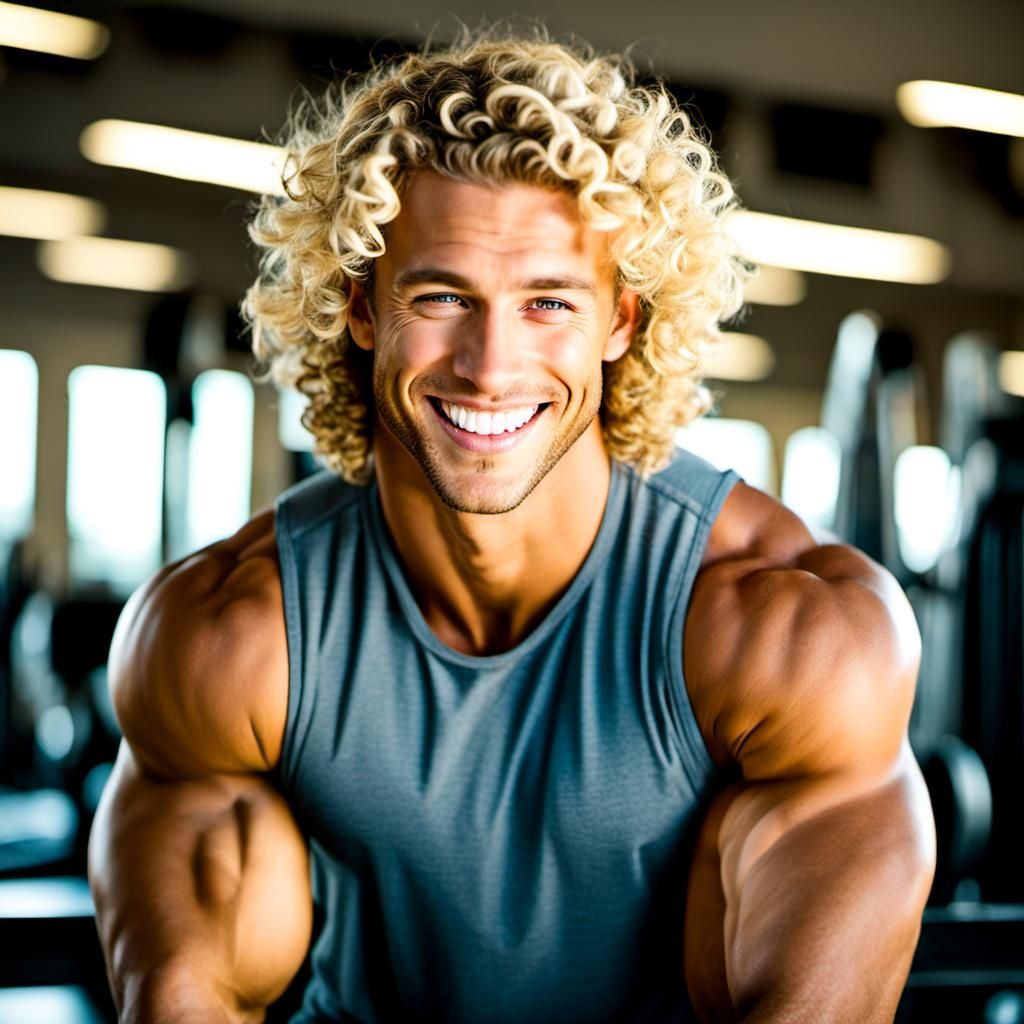 A very handsome man, blonde curly hair, bronze skin, smile, sunshine ...