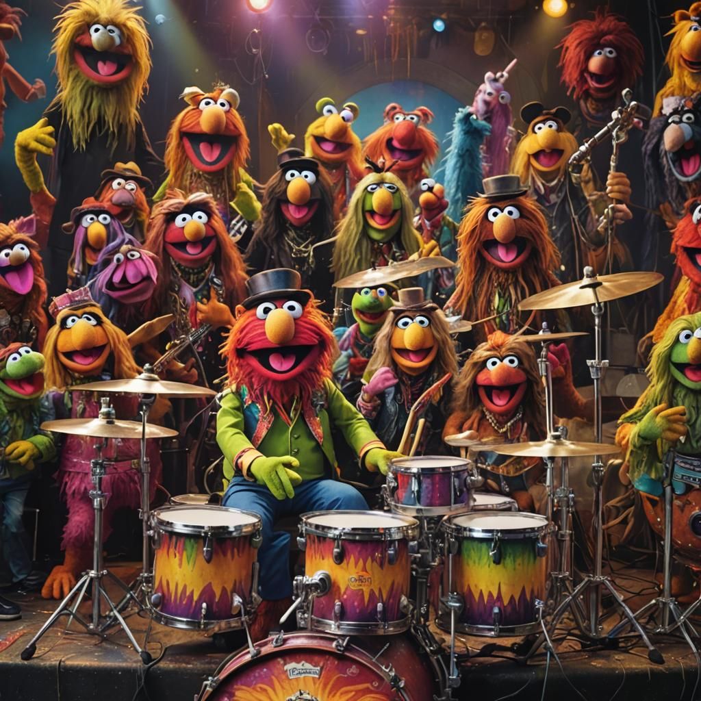 Show the Muppetband "Dr. Teeth & The Electric Mayhem" from behind. The ...