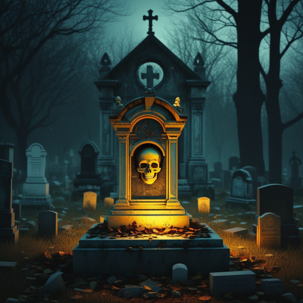 mort vivant qui sort la tete de la tombe dans un cimetière warm colors ...