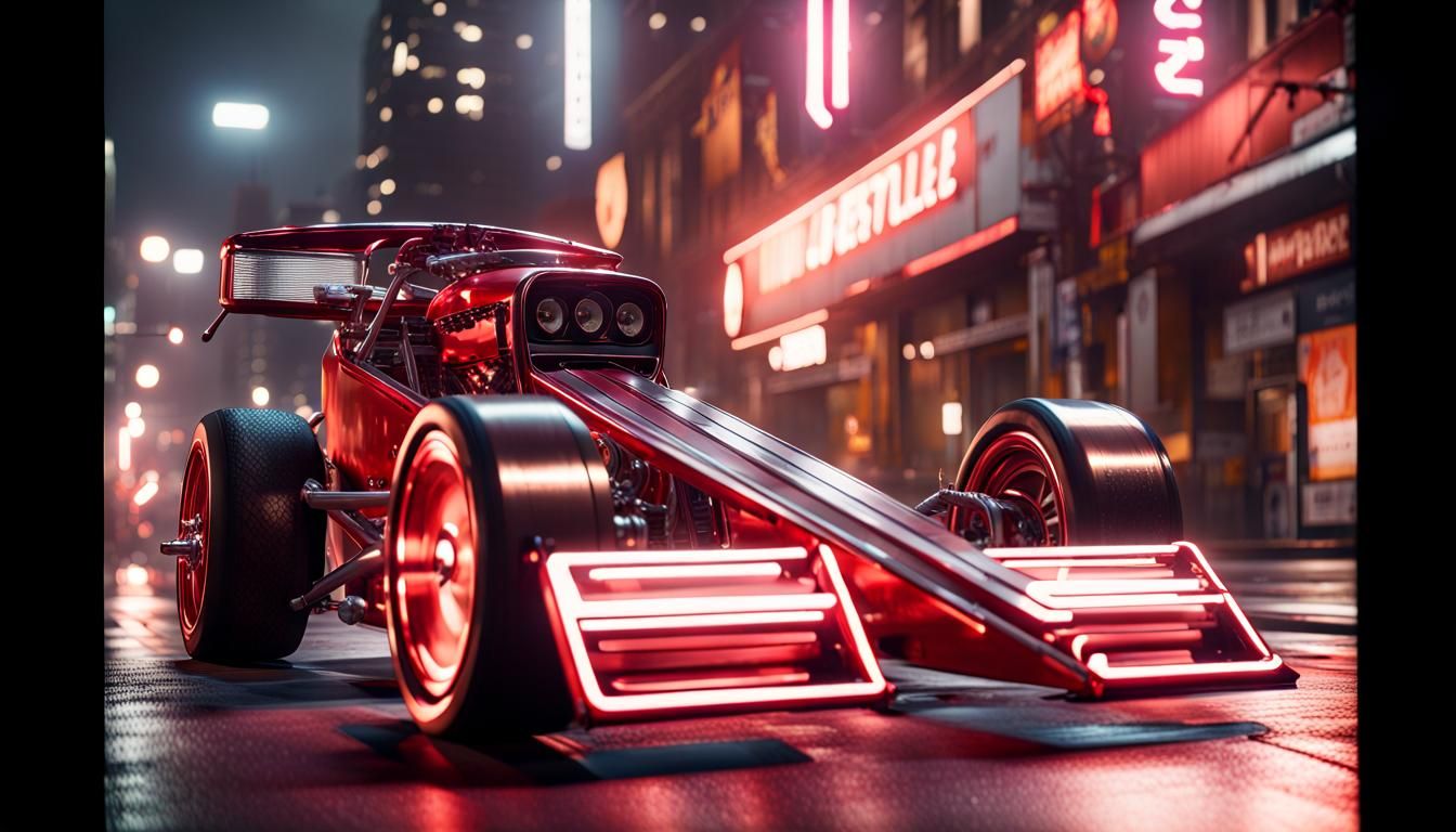Dark red dragster, nighttime, urban setting, 3D Game Cinematic Feel ...