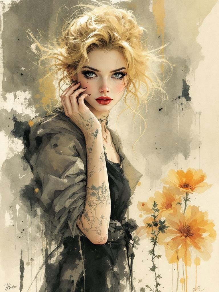 autumn petals lean / inked stems on her gentle skin / wind braids ...