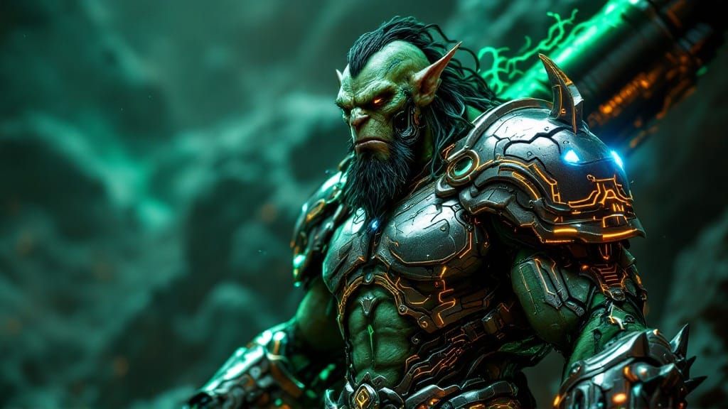 Cybernetic Orc Warrior in Majestic Rococo-Inspired... - AI Art