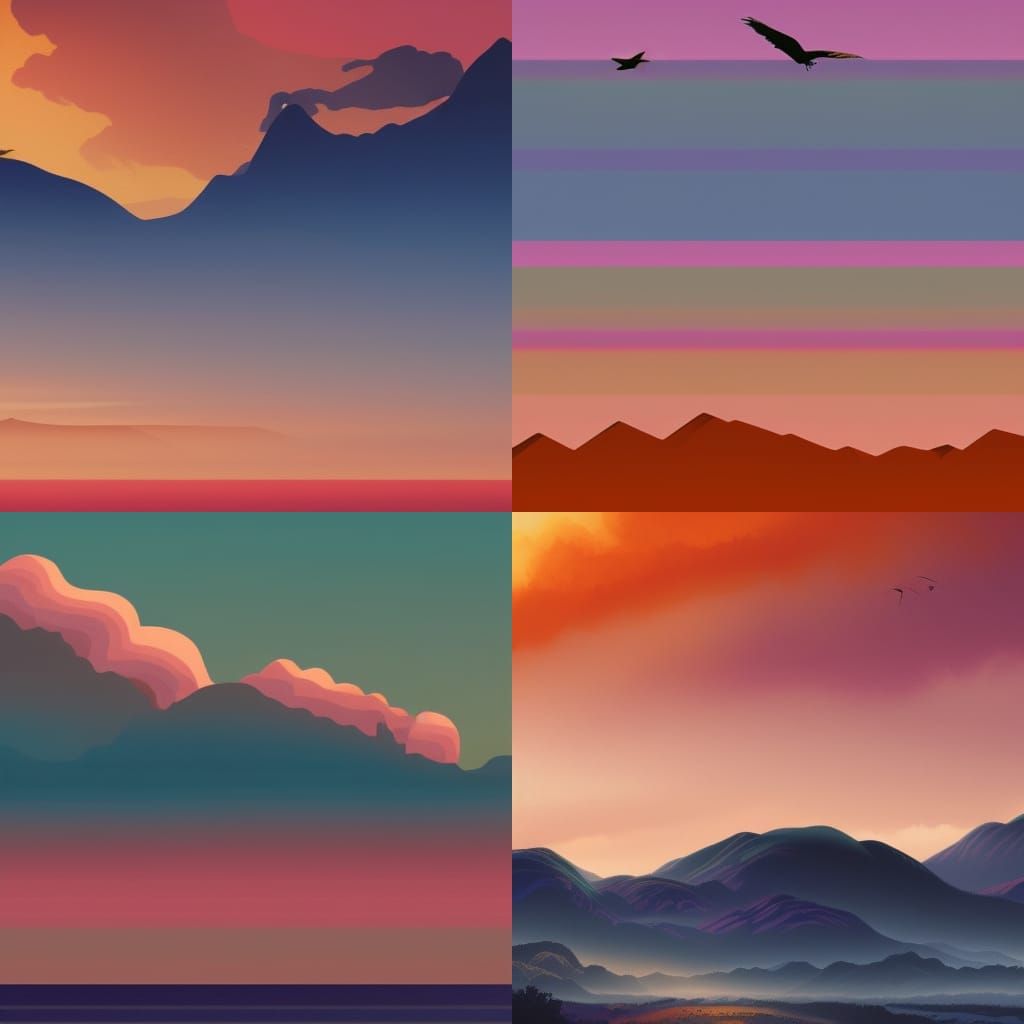 sunset over low coastal mountains, gradient striped sky, birds, 2 color ...