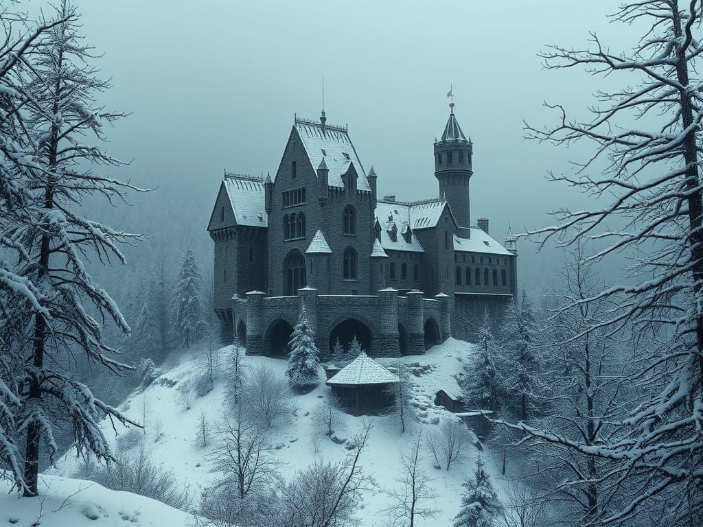 Mediaeval Castle - Snowy Medieval Norse Castle in Dense For...