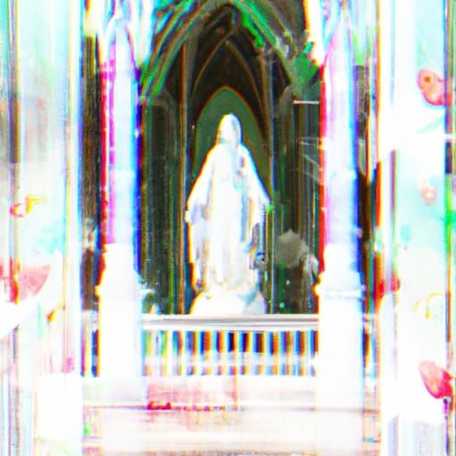 Nave and Alter full of stained glass windows and doric columns, white ...