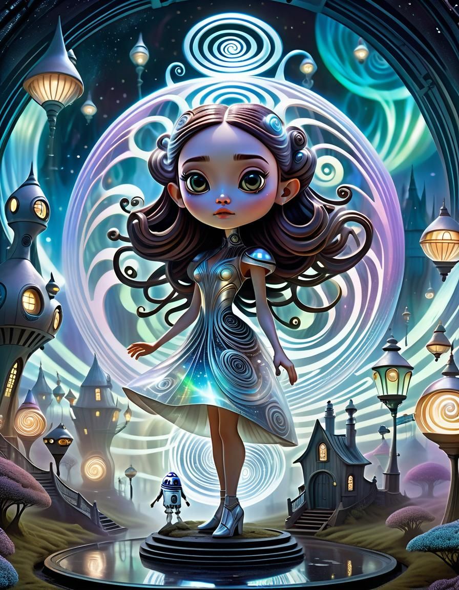 cute bobblehead girl with head too large, wearing a holographic dress ...