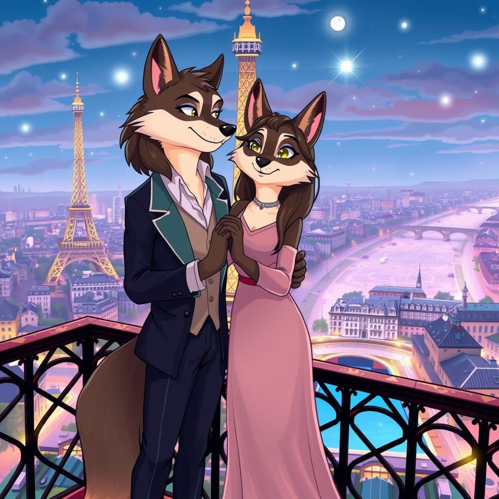 wolf couple at Paris - Romantic Eiffel Tower Scene in Whims...
