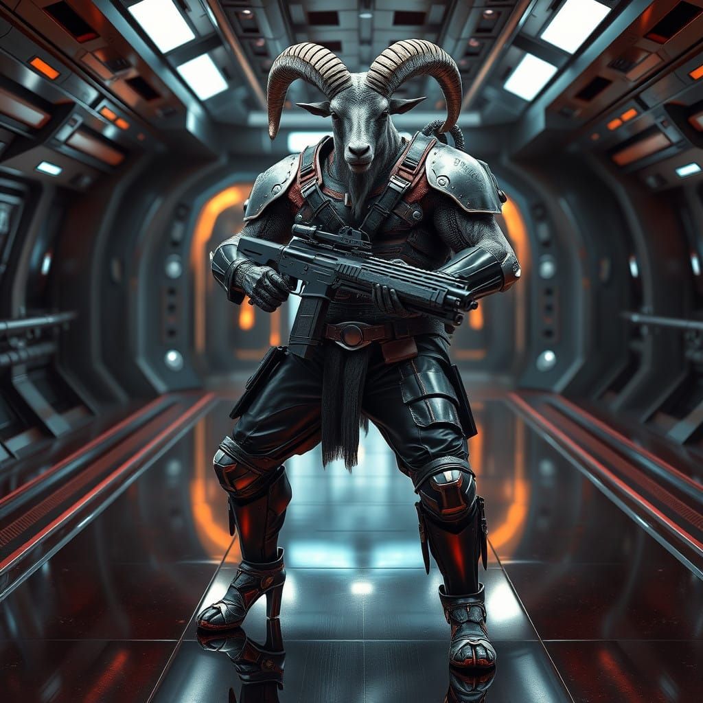 A realistic, full-body sci-fi armored goat warrior, adorned with a ...