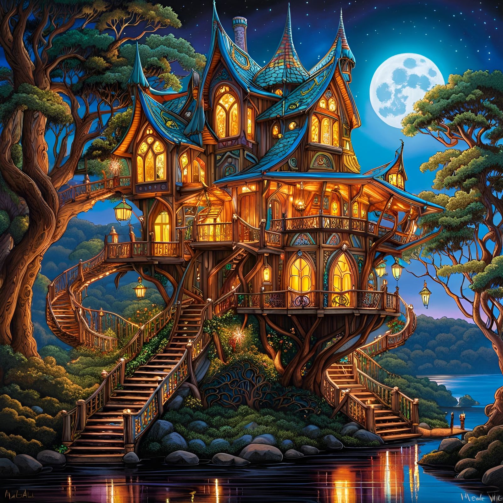 Elven Treehouse in Moonlight - AI Generated Artwork - NightCafe Creator