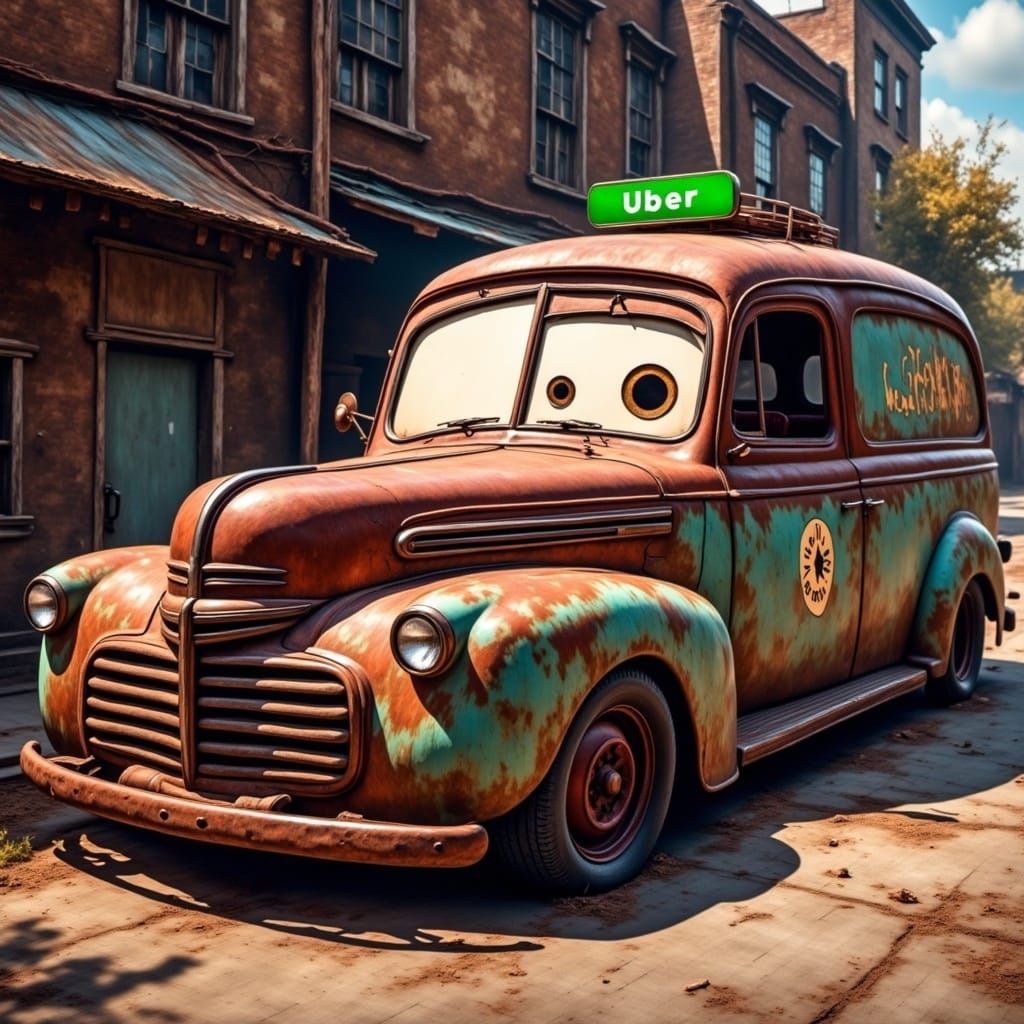 Rusty Mater Repurposed as Whimsical Uber in Oil Pa... - AI Art