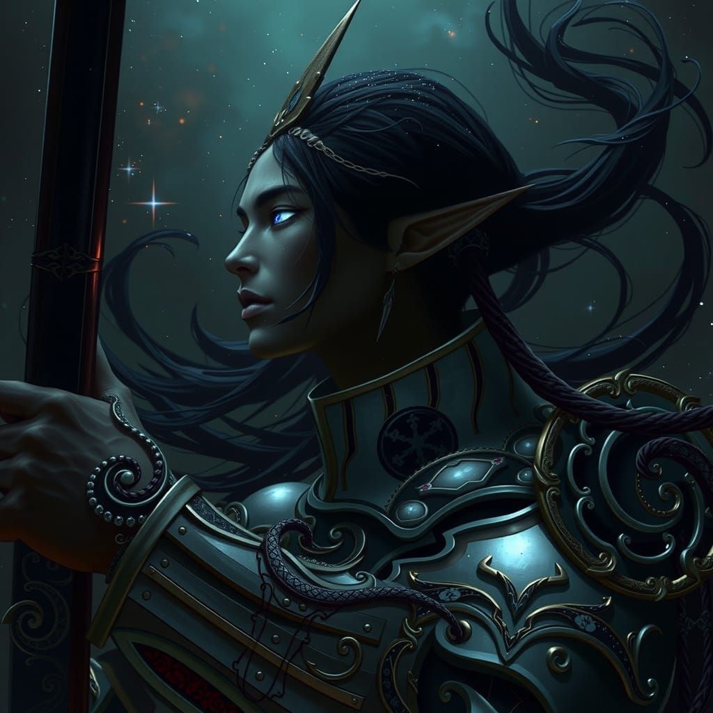 Regal Drow Elf Samurai Radiates Mystical Harmony A... - AI Art