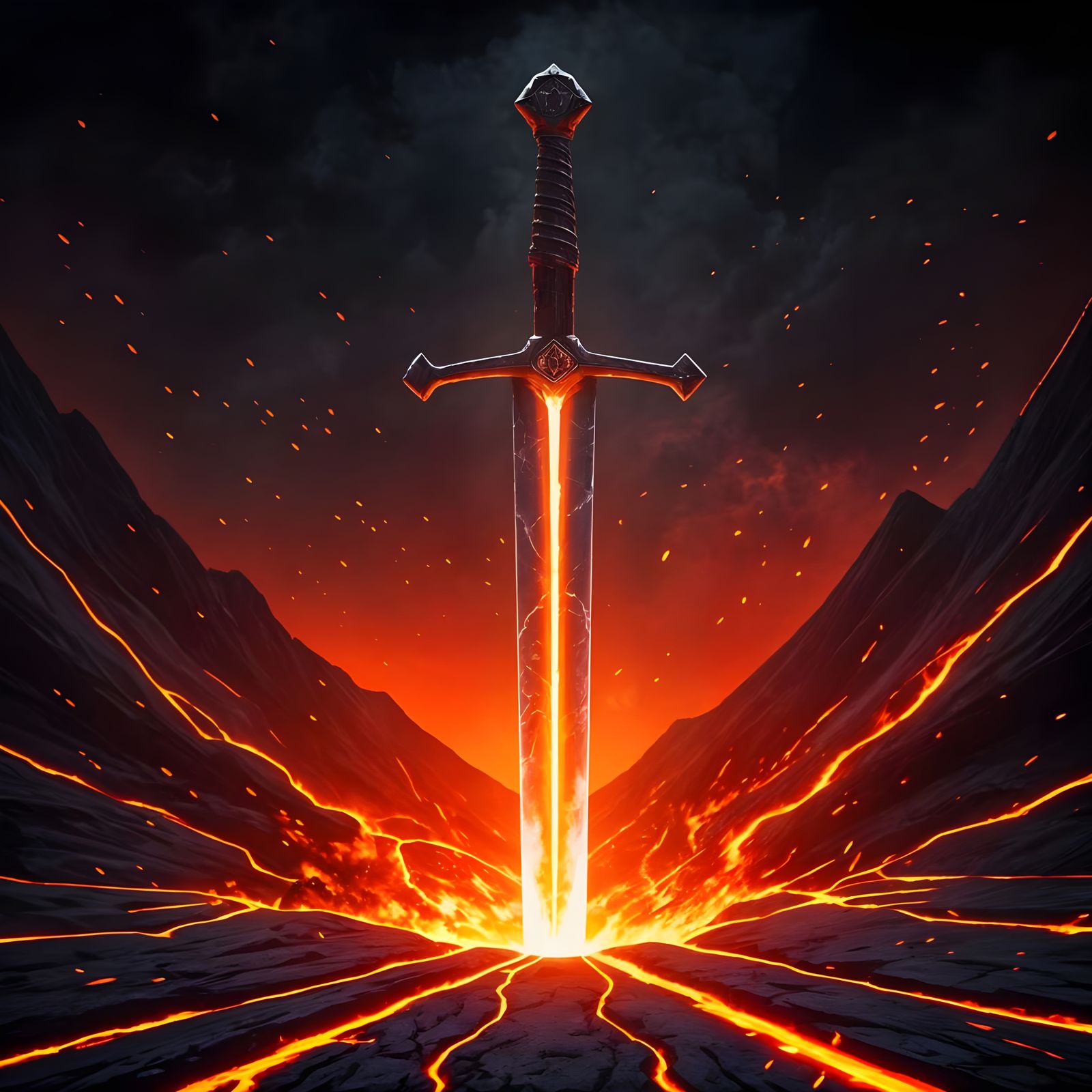 Volcanic Sword - Glowing Red Flame Sword Rises from Volcanic...