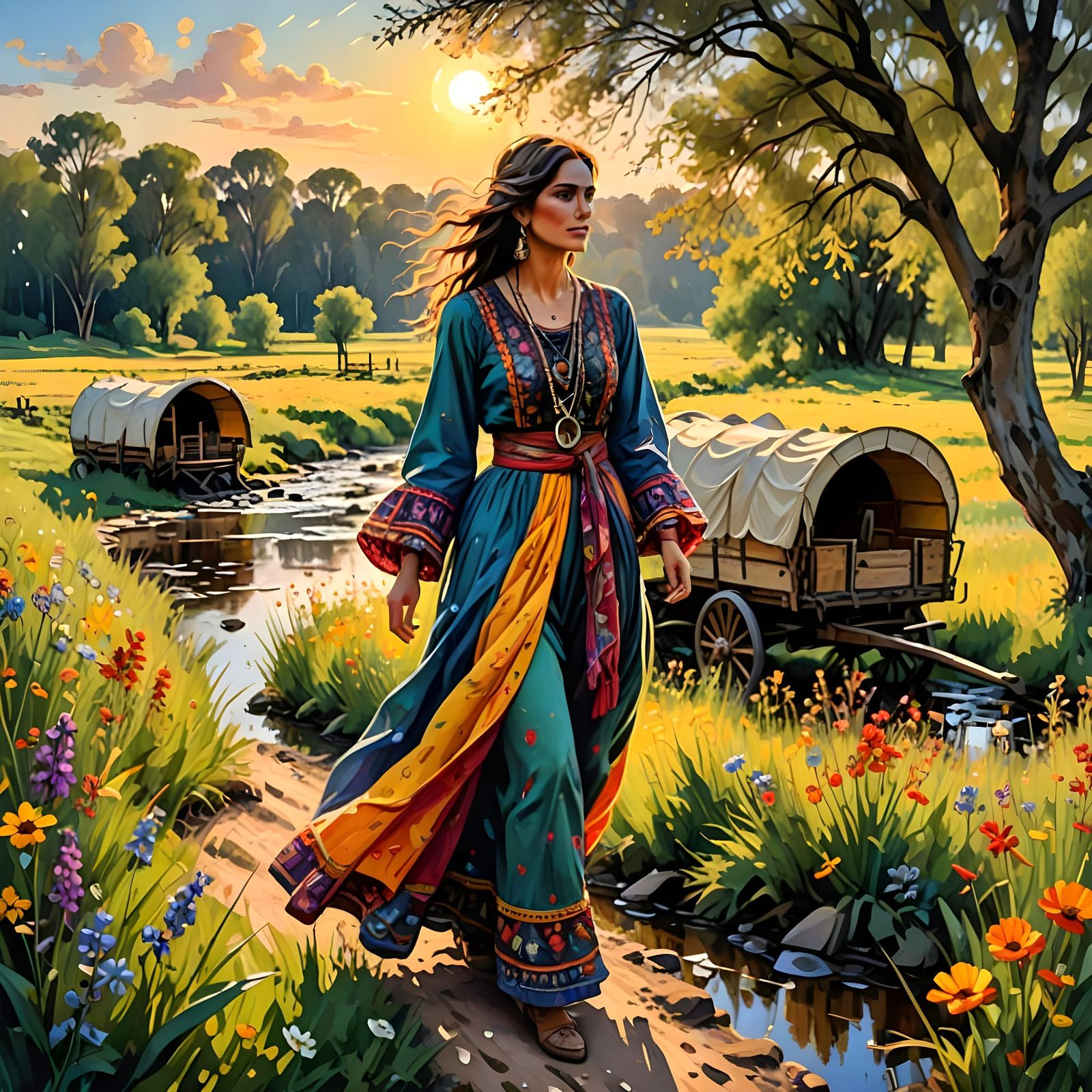 Exotic Gypsy Woman in Wildflower Meadow - AI Art
