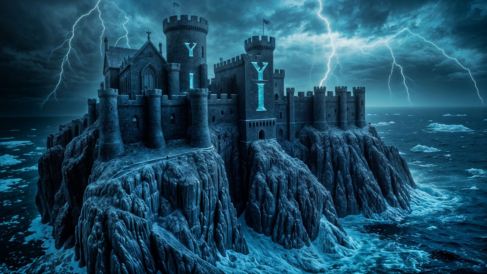 Ethereal Obsidian Castle Amidst Arctic Storm - AI Art