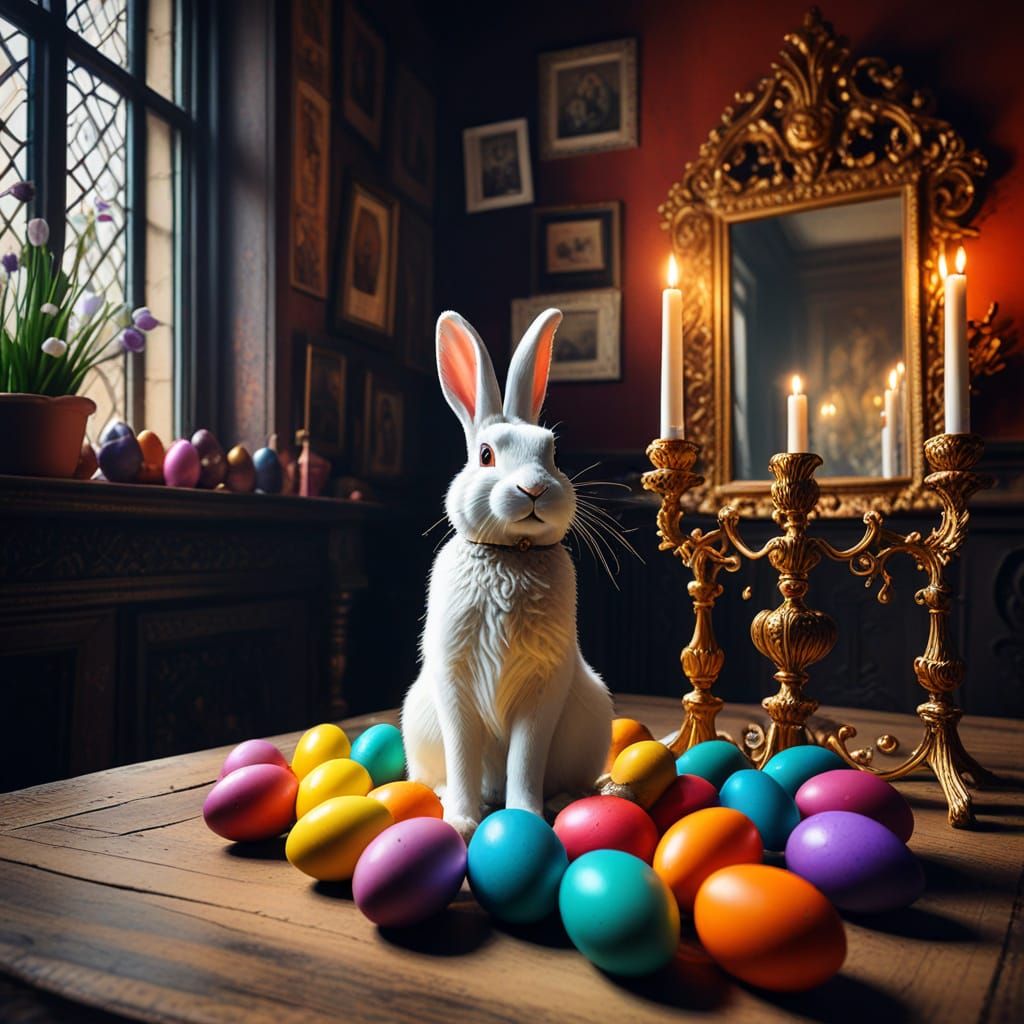 Fauvist Easter Bunny and Vampire in Ornate Chamber - AI Art