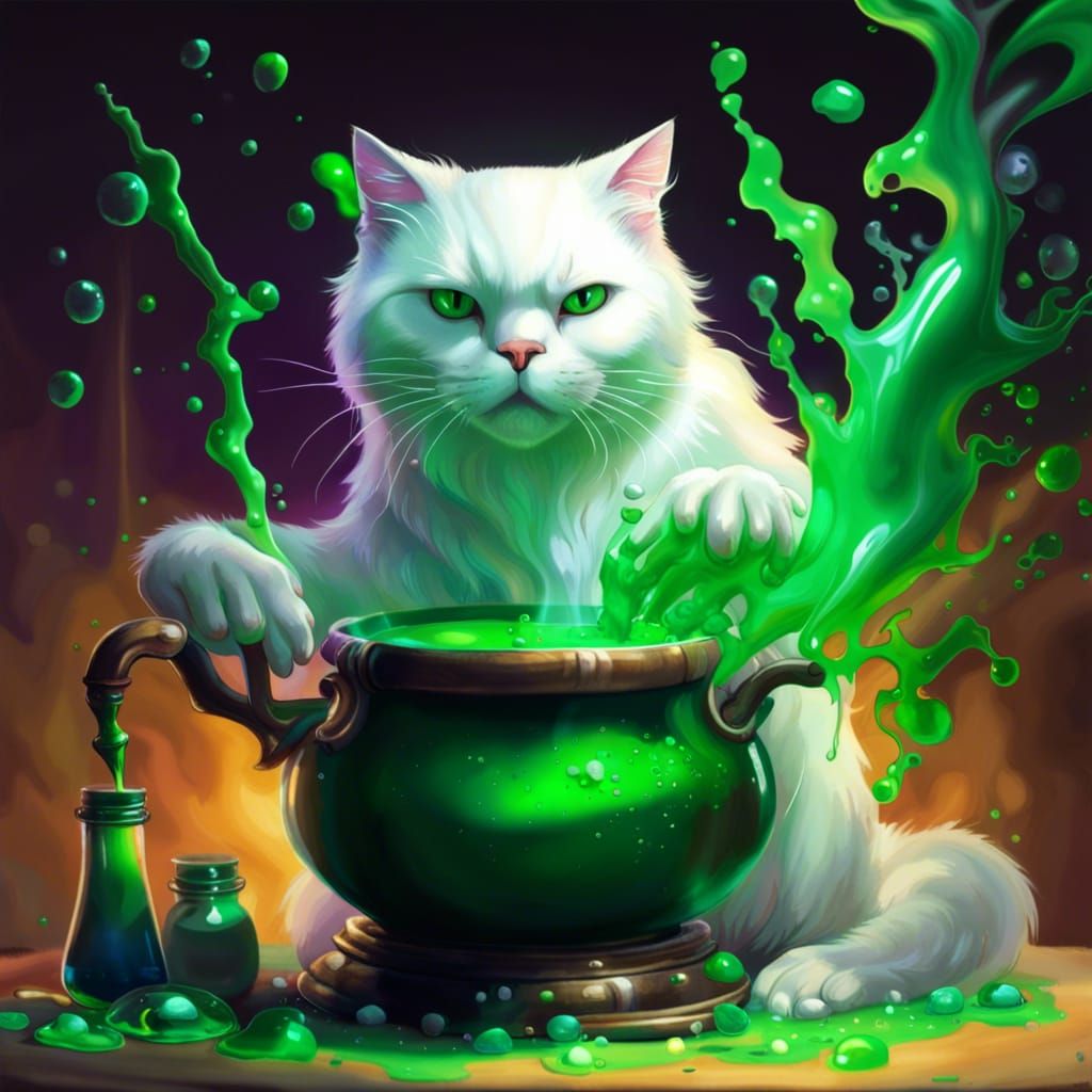 White cat making potions from a cauldron of green liquid clear face ...