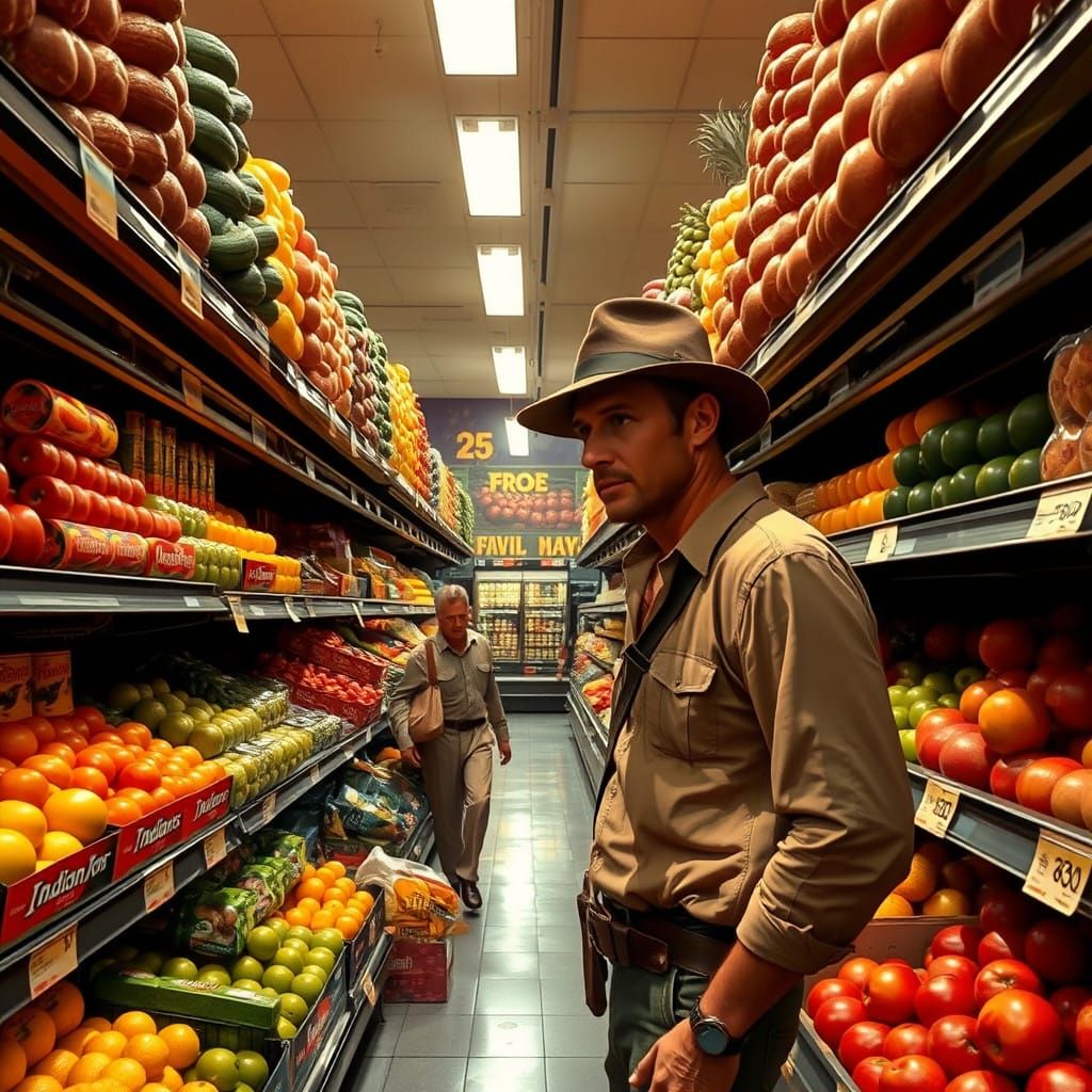 Indiana Jones in the fruit aisle in the grocery store