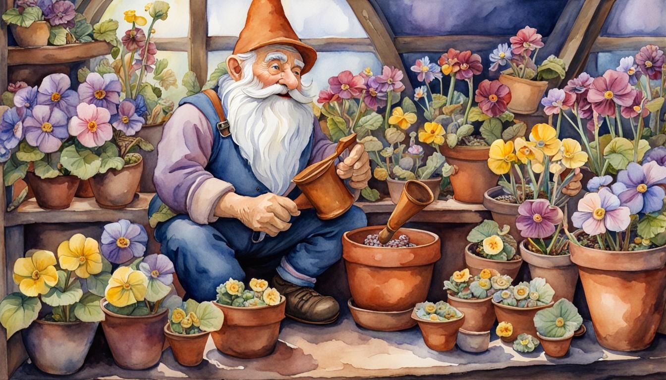 Gnome tending his plants - AI Generated Artwork - NightCafe Creator