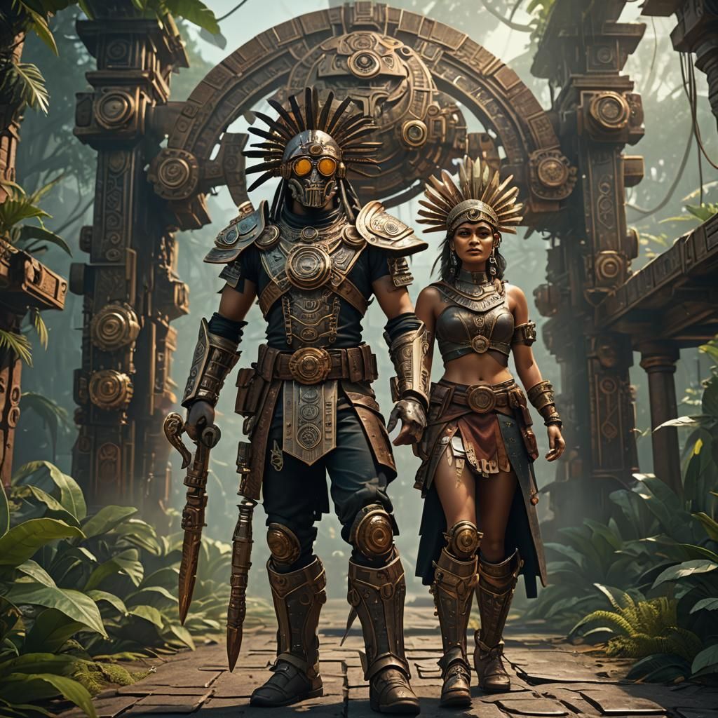 "Steampunk aztec man warrior with goggles with an aztec woman warrior ...