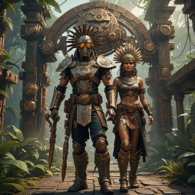 "Steampunk aztec man warrior with goggles with an aztec woman warrior ...