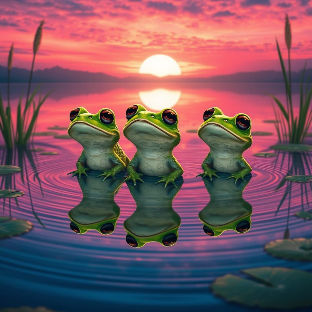 Frogs Emerge in Serene Marsh Sunset - AI Art