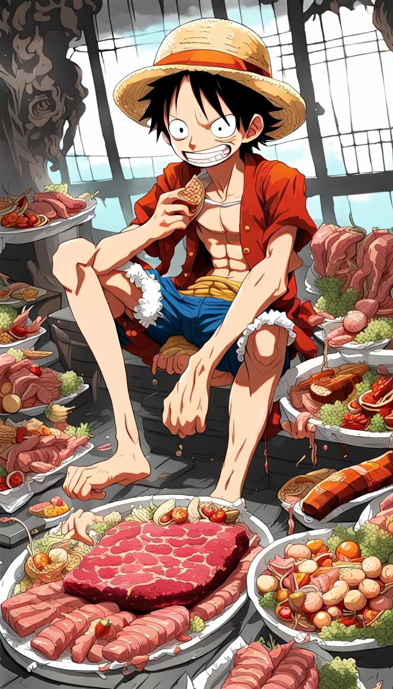 Monkey_d_luffy_one_piece_happy_eating_meat, s.d. ,chibi kawaii ,anime ...