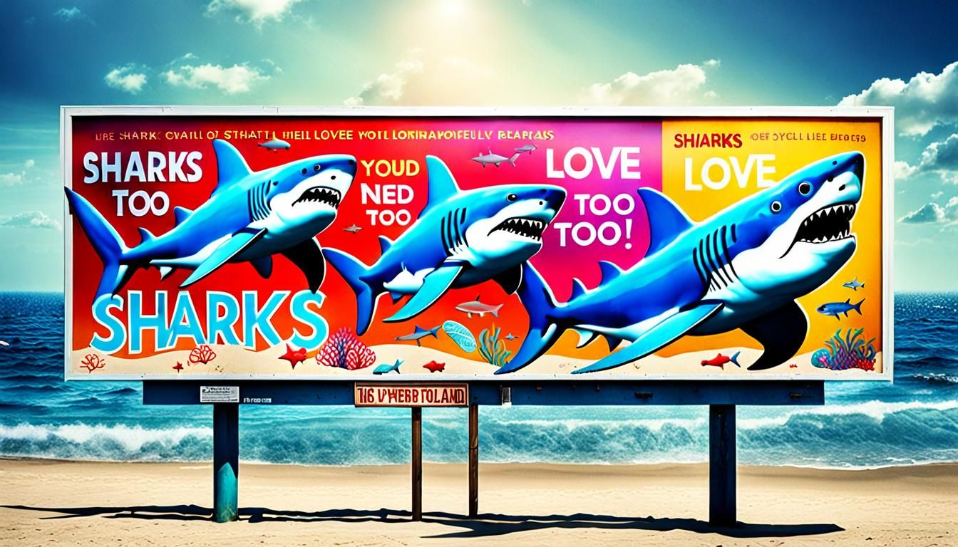colorful billboard that reads Sharks need love too, beach, intricate ...