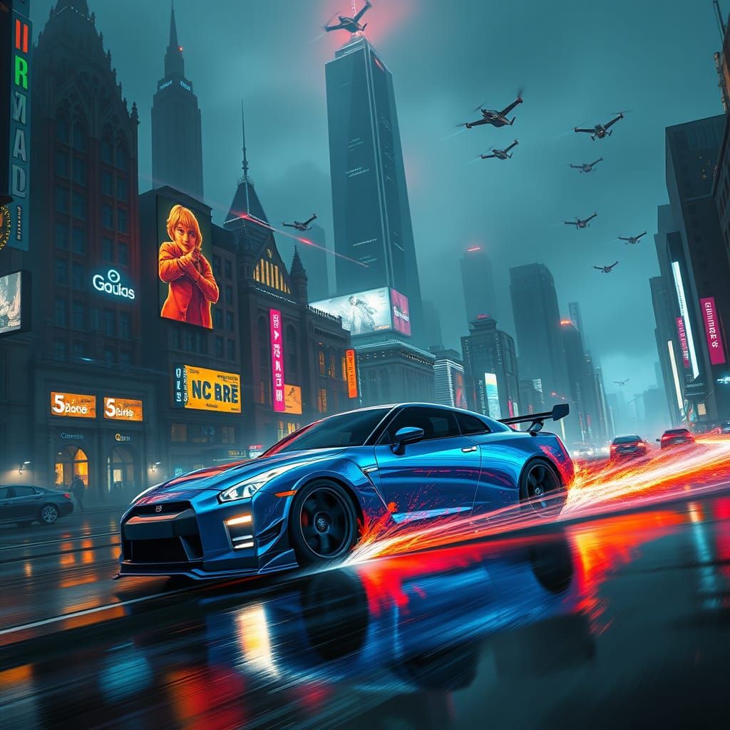 nissan GTR in a cyberpunk setting - Sleek Nissan GTR Speeds...
