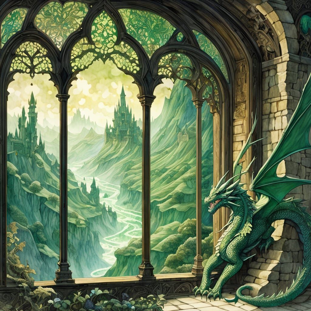 An intricately carved, ornate, old-fashioned window with worn, wooden ...