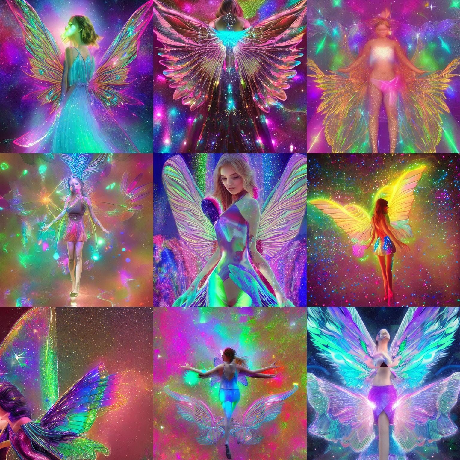 celestial fairies with irridescent wings of their backs walk and fly ...