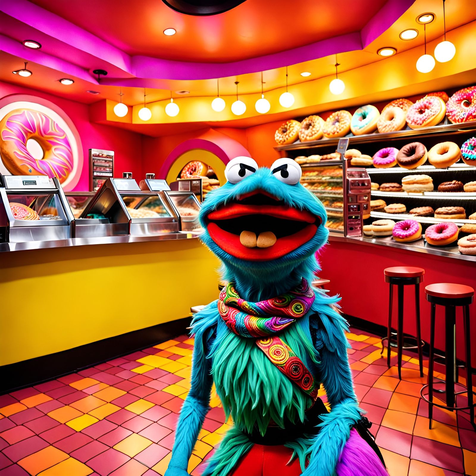 Mad muppet in the donut shop - AI Generated Artwork - NightCafe Creator