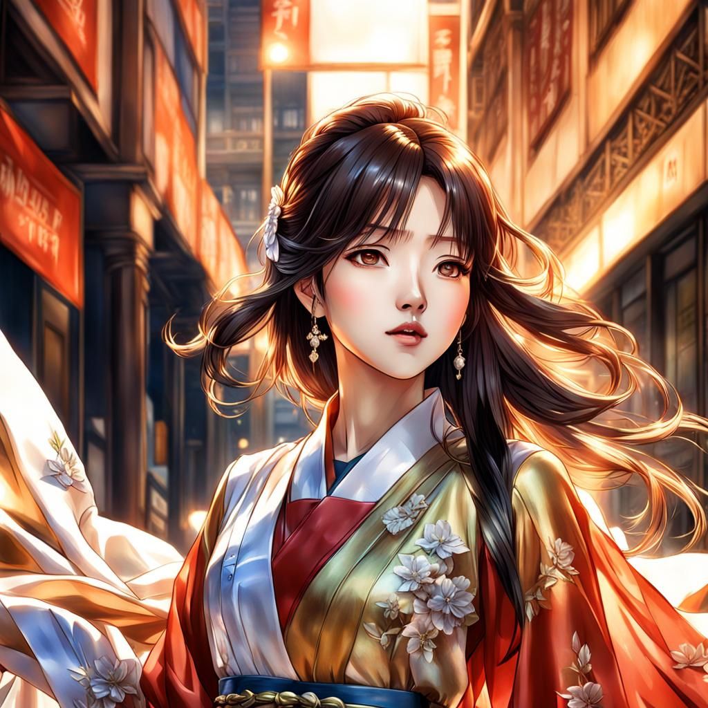 Pretty Korean girl in silk Hanbok dress. @AloneMARLA - AI Generated Artwork - NightCafe Creator