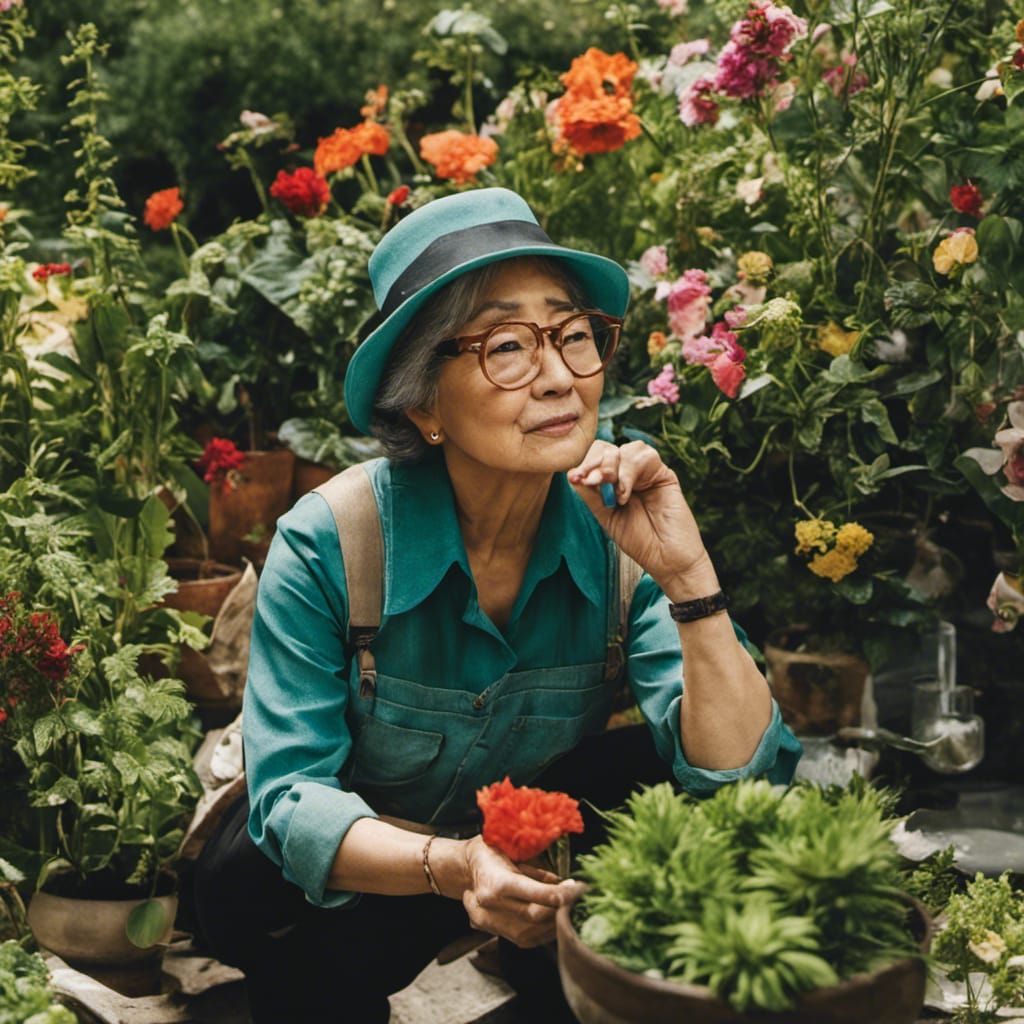 Yoko Ono as a gardener, pruning and tending to vibrant flowers and ...