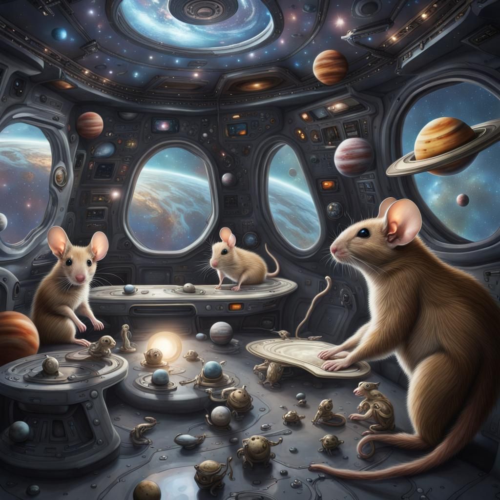 Photograph, Marco, mice with aliens at the commands in the spaceship in ...