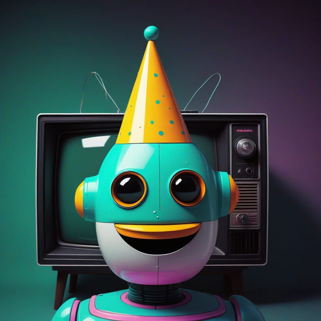 Retro-Futuristic Robot Jester in VHS Distortion - AI Art