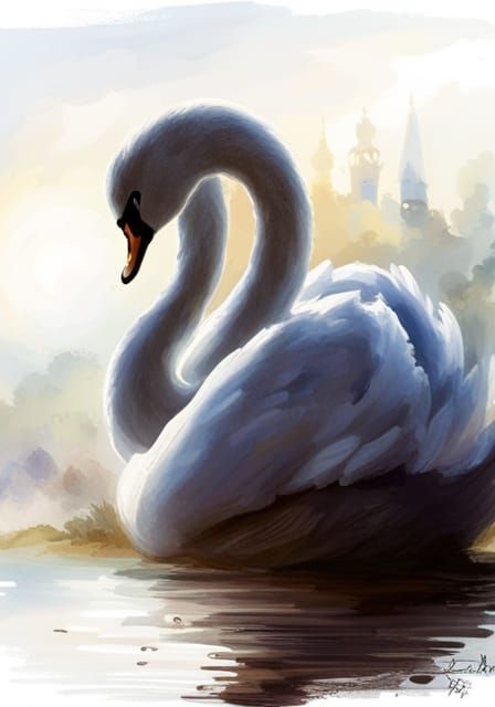 sad swan with the rays of the sun in the morning in the style of Roger ...