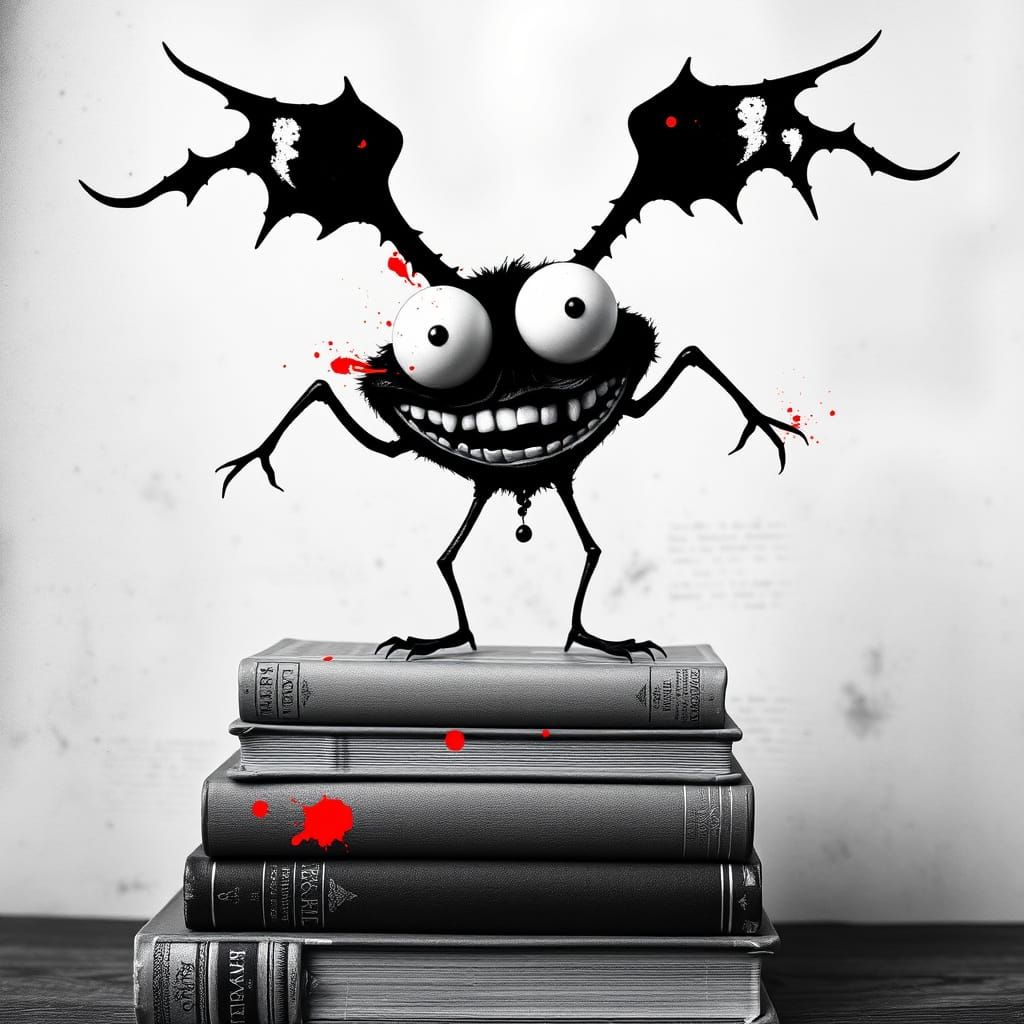 A bizarre Rorschach ink blot creature with comically oversized eyes and ...