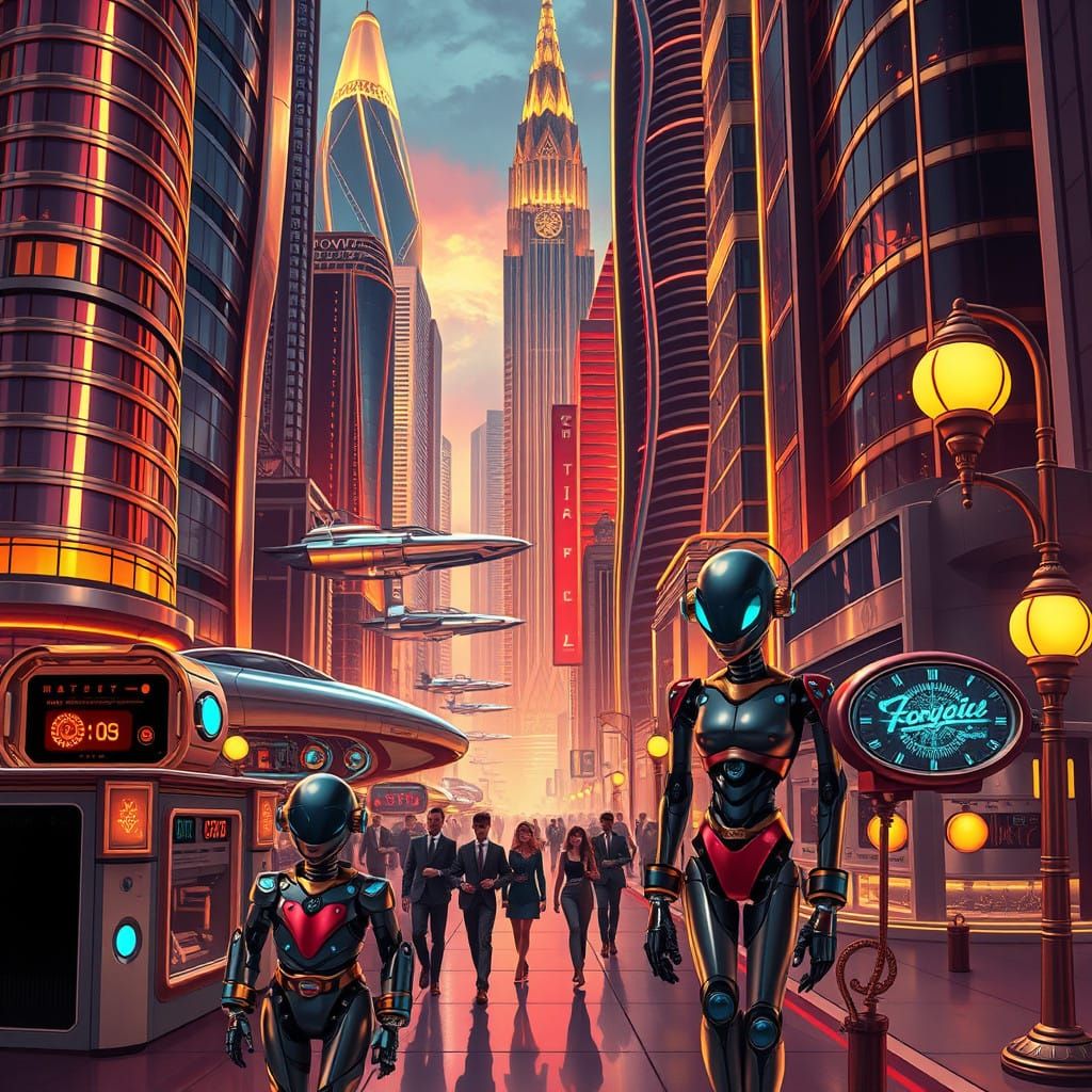 A bustling metropolis with sleek, Art Deco-inspired skyscrapers and ...