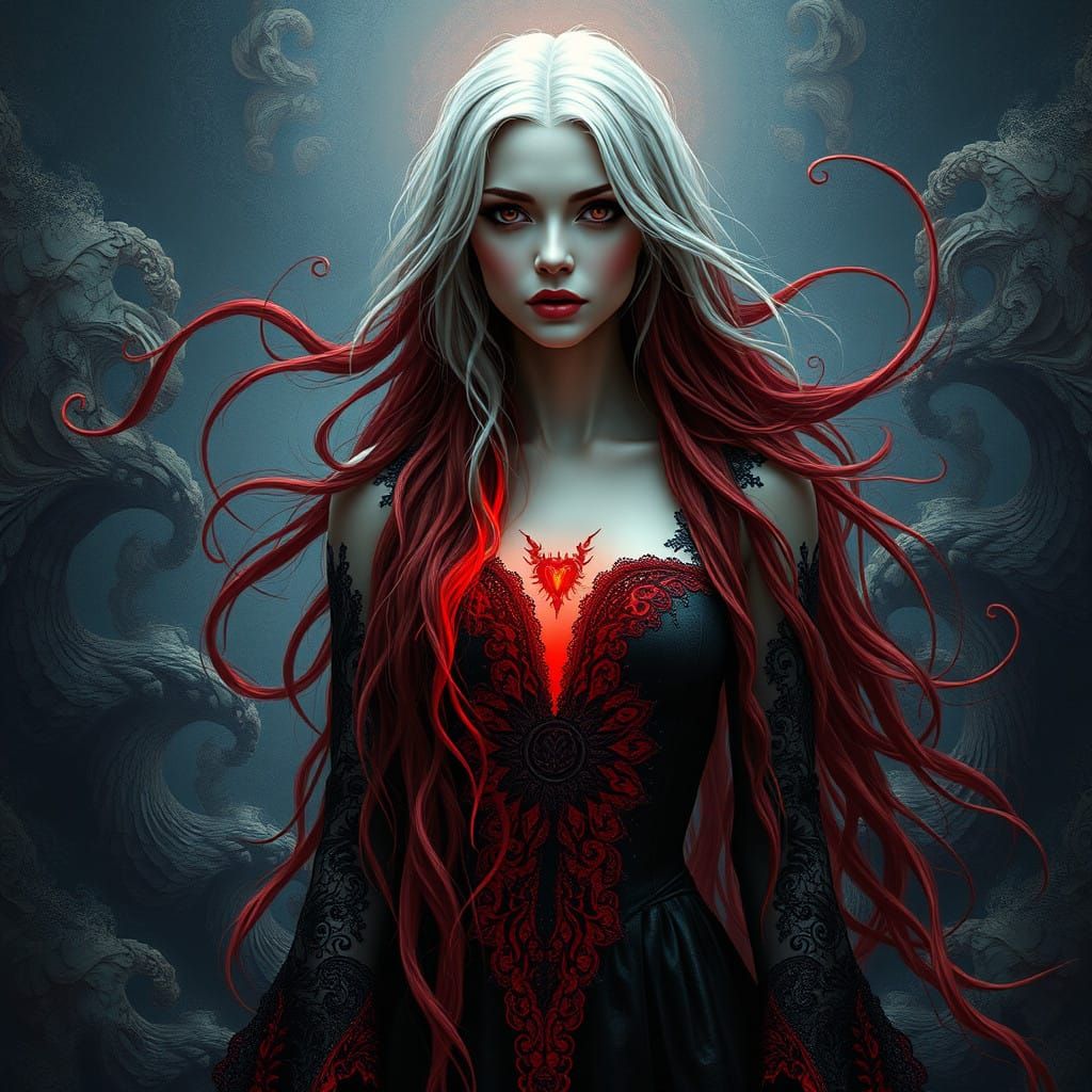 A statuesque, white-haired gothic woman, draped in a dark, lace-trimmed ...