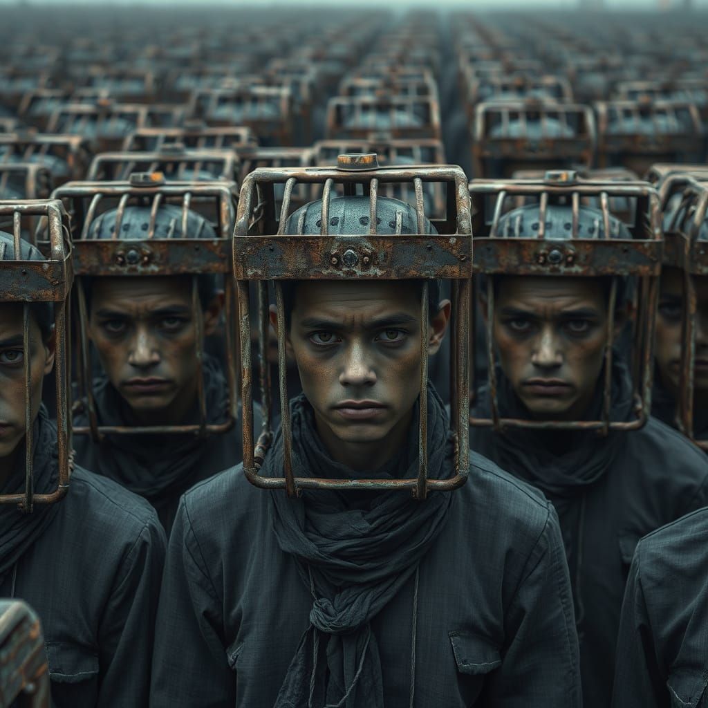 Somber Crowd Trapped in Rusty Cages, Uniform Gray ... - AI Art