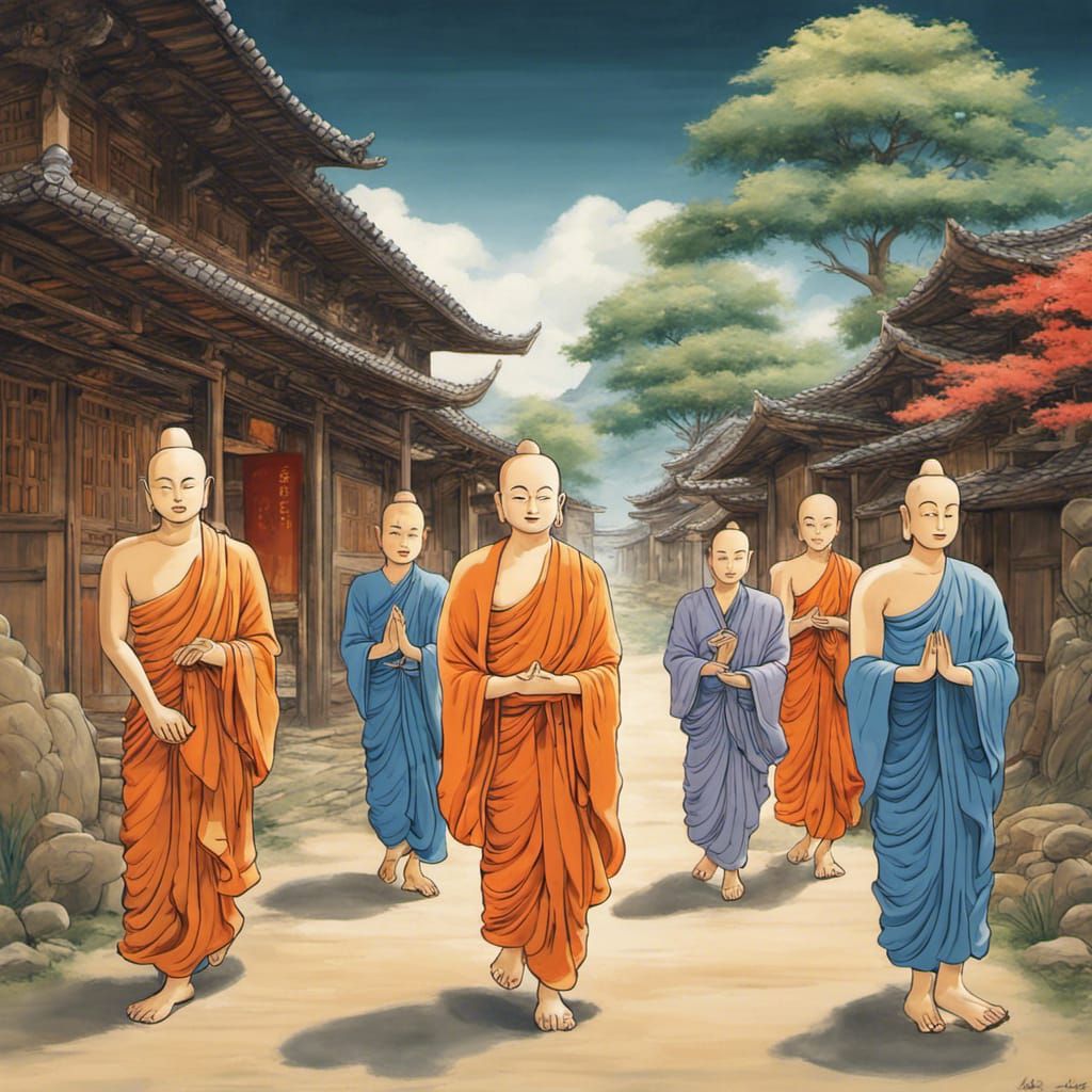 Buddha and Disciples in Ancient Village - AI Art