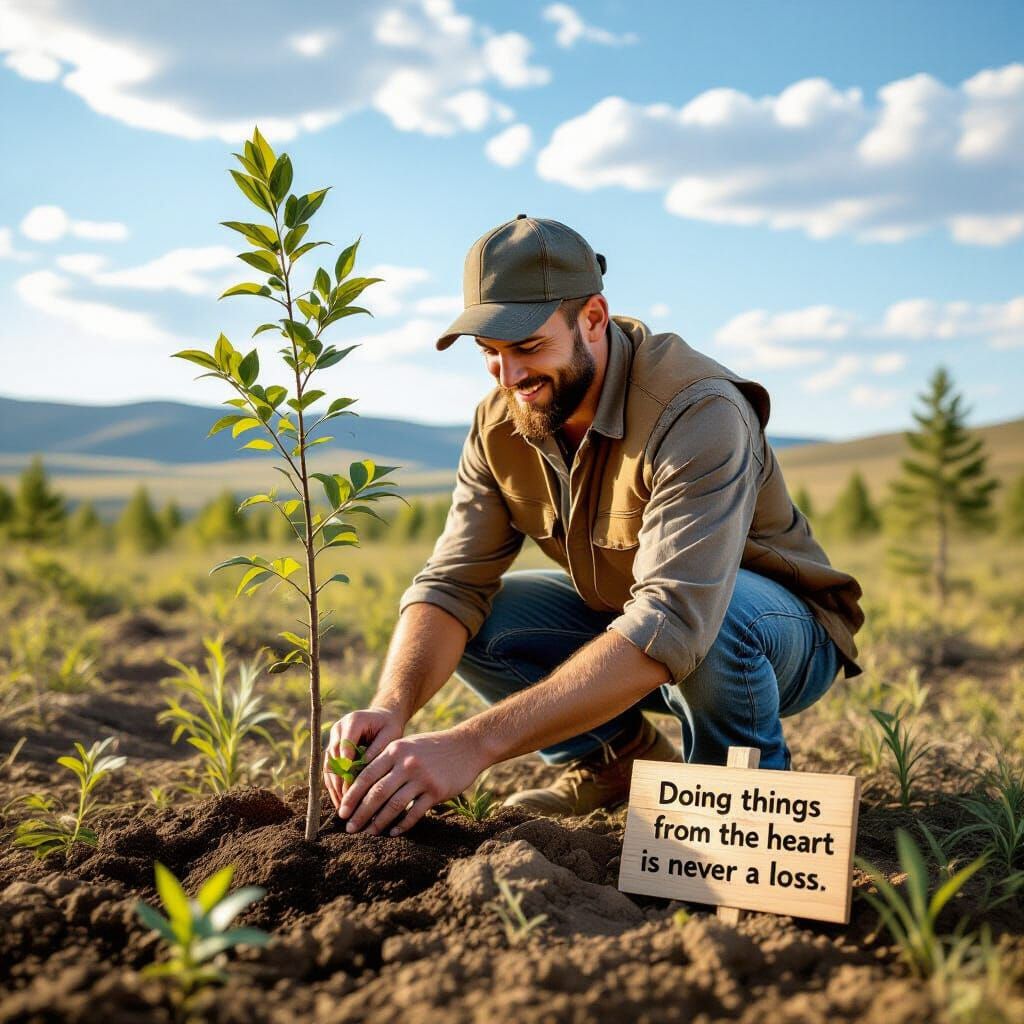 Man Planting Trees in Restored Steppe Landscape - AI Art