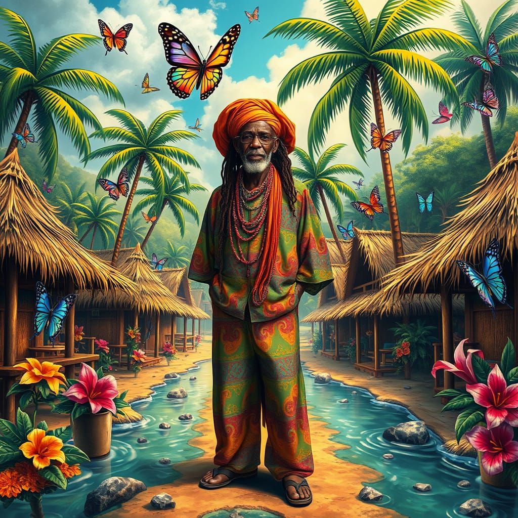 Vibrant Island Village in Psychedelic Hieronymus B... - AI Art