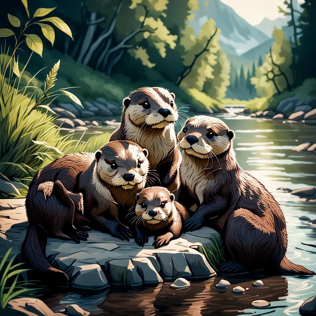 Sweet otter family by the river, cuddling and cuddling - AI Generated ...