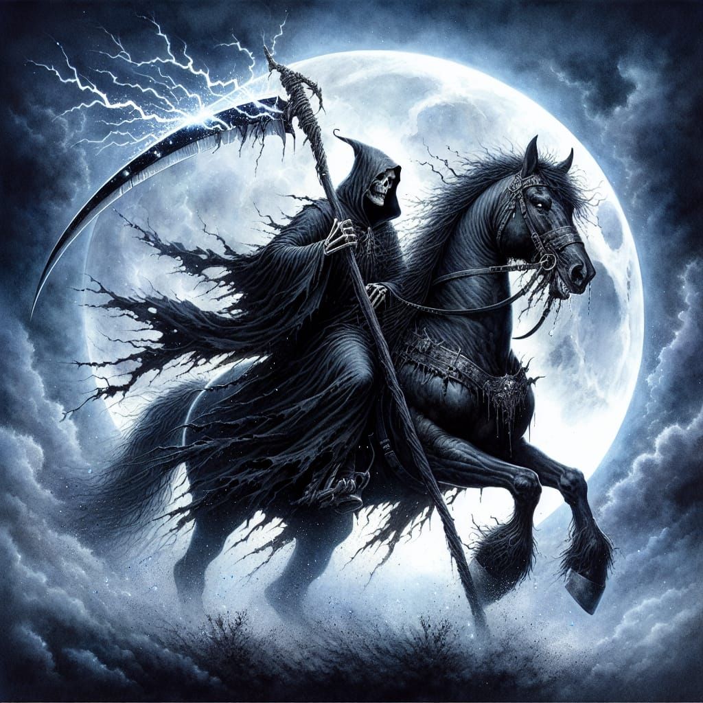 A grim reaper, clad all in black, holding a wicked scythe above his ...