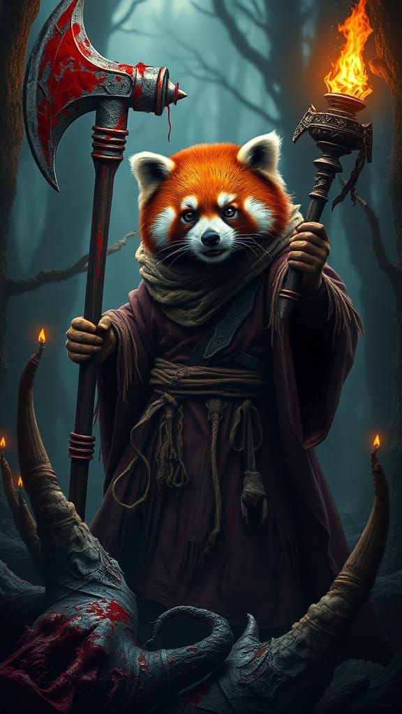 Bloodthirsty Red Panda Axe Murderer in Dark Fantas... - AI Art