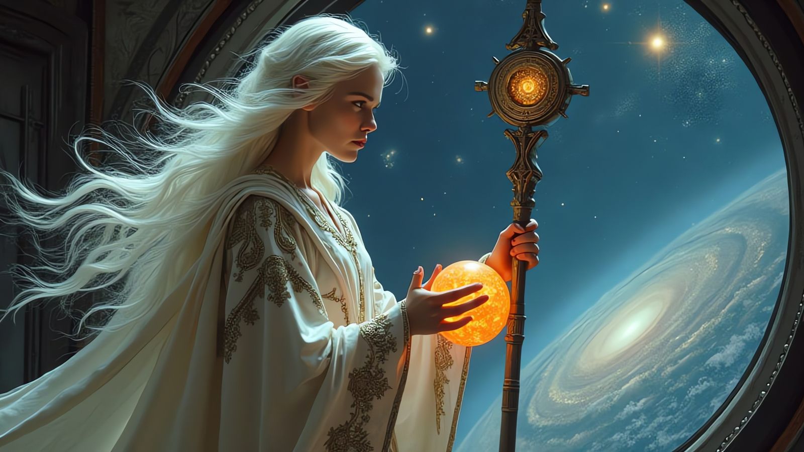 Ethereal Elf Woman at Space Ship Helm with Cosmic ... - AI Art
